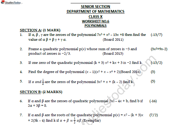 CBSE Class 10 Mathematics Polynomials Worksheet Set D